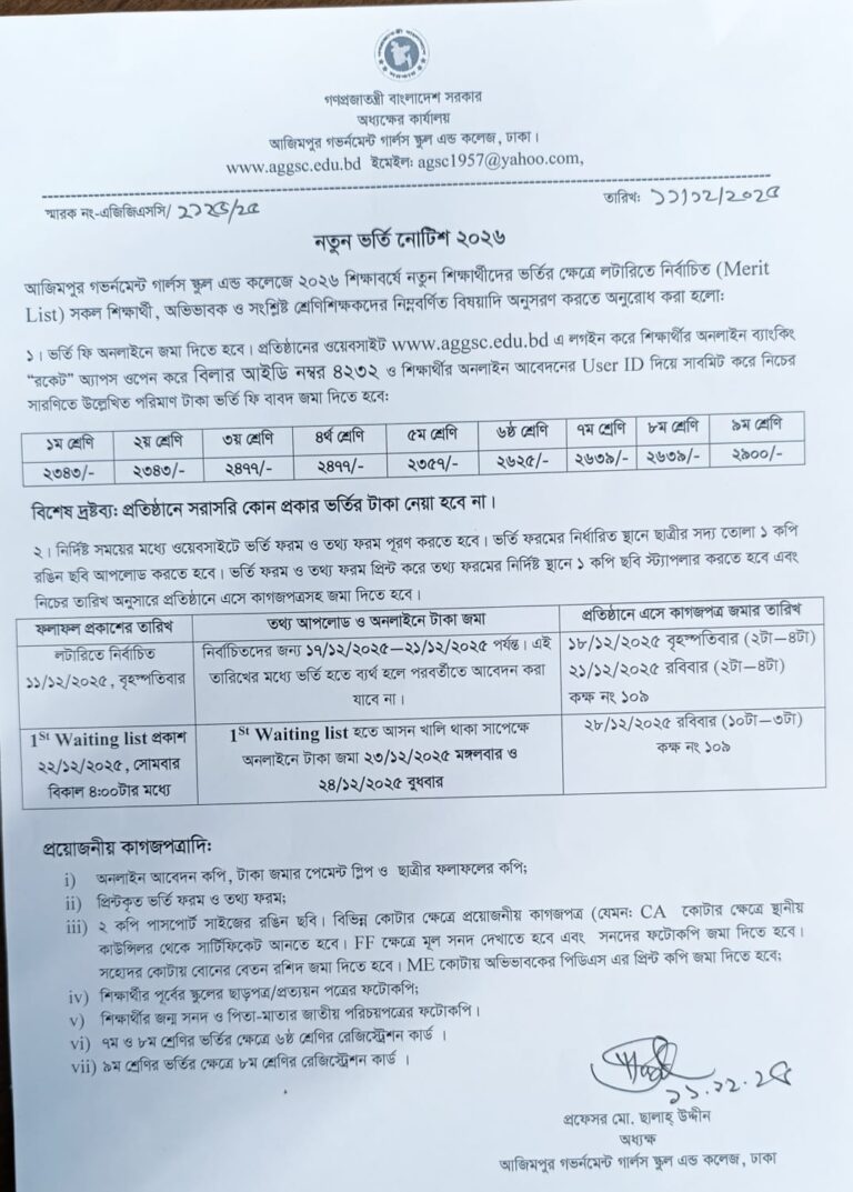 Azimpur Government Girls School and College Admission 2026